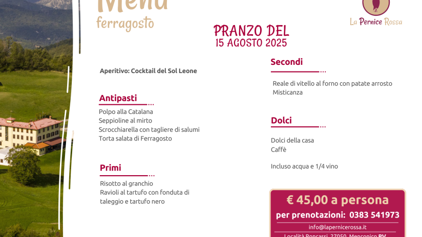 Menù di Ferragosto 2025 - La Pernice Rossa